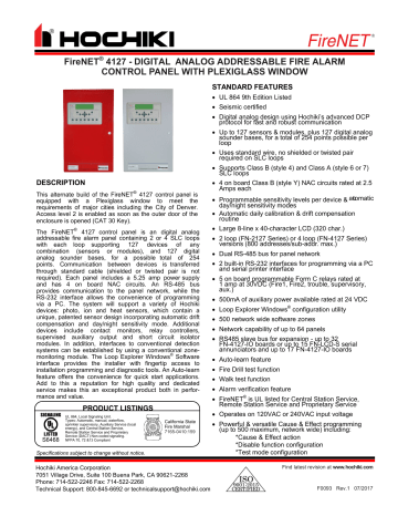 Hochiki FireNET® Intelligent Addressable Fire Alarm Control Panel Data Sheet | Manualzz