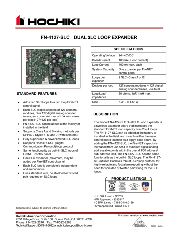 Hochiki FN-4127-SLC Dual SLC Loop Expander Data Sheet | Manualzz