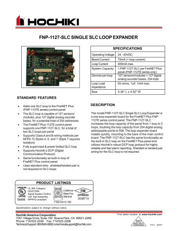 Hochiki FNP-1127-SLC Single SLC Loop Expander Data Sheet | Manualzz