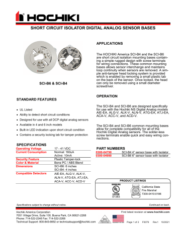 Hochiki SCI-B4 / B6 Short Circuit Isolator Analog Sensor Bases Data ...