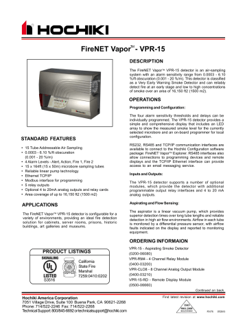 Hochiki FireNET Vapor® VPR-15 Detector Data Sheet | Manualzz