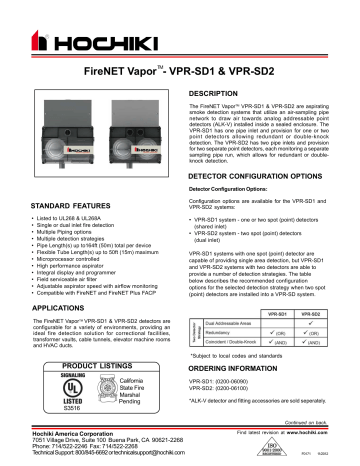 Hochiki FireNET Vapor® VPR-SD1 & SD2 Detectors Data Sheet | Manualzz
