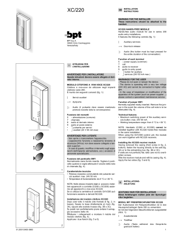Bpt XC/220 Installation Instructions | Manualzz