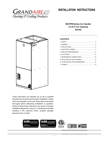 Grand Aire WATPM Series Installation Instructions Manual | Manualzz