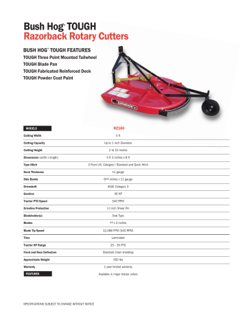 Bush Hog TOUGH Razorback RZ160 Specification Sheet | Manualzz