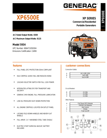Generac Power Systems XP6500E XP SERIES Specification | Manualzz