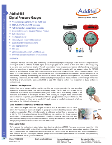 Additel 685 Series Digital Pressure Gauge Data Sheet | Manualzz