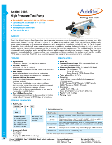 Additel 919A Pneumatic High Pressure Test Pump Data Sheet | Manualzz