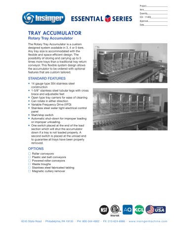 Insinger Tray Accumulator Specification Sheet | Manualzz