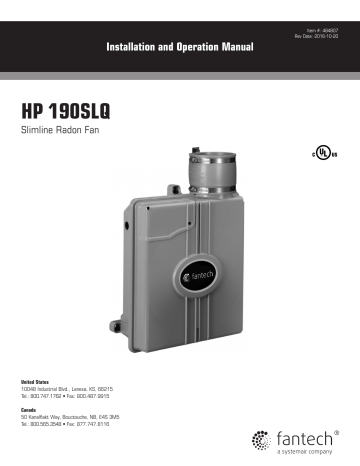 Fantech HP190SLQ HP Slimline 159 CFM Radon Fan Instructions | Manualzz