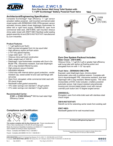 Zurn Z.WC1.S One Sensor Wall Hung Toilet System Instructions | Manualzz
