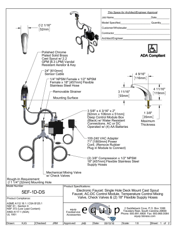 T&S 5EF-1D-DS Sensor Touchless Faucet Specification | Manualzz