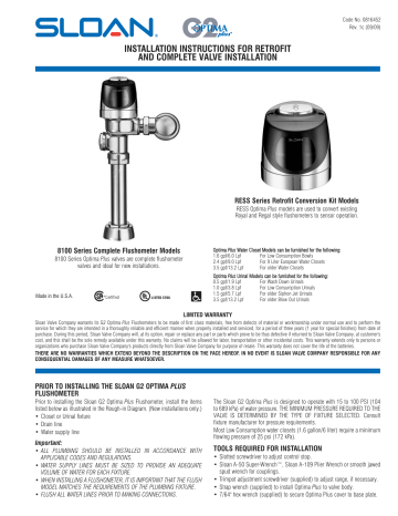 SLOAN 3325402 G2 RESS-U-1.0 Exposed Sensor Urinal Retrofit Flushometer ...