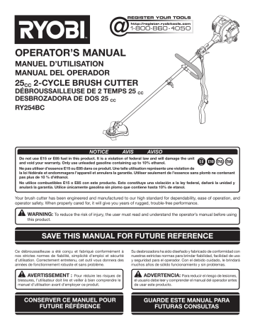 RYOBI RY254BC 25 cc 2-Stroke Full Crank Gas Brush Cutter Use and Care ...