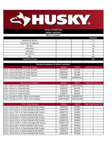 Husky H270CONNECTRM Mechanics Tool Set Specification | Manualzz