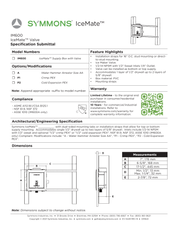 Symmons IM600 IceMate Supply Box Specification | Manualzz