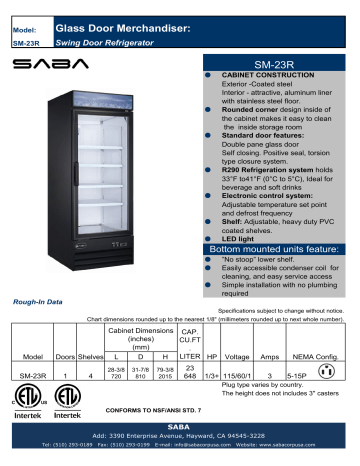 Saba SM-23R 28 in. W 23 cu. ft. One Glass Door Commercial Merchandiser ...
