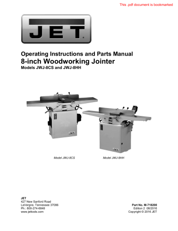 Jet 718250K JWJ-8HH 8 ft. Helical Head Jointer 2HP, 1PH, 230-Volt Use ...
