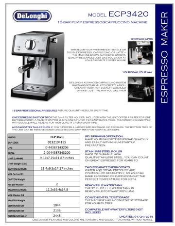DeLonghi ECP3420 15-Bar Black Stainless Steel Espresso Machine and ...