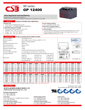CSB Battery GP12400 Spec Sheet | Manualzz