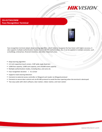 Hikvision DS-K1T341CMW Face Recognition Terminal Data Sheet | Manualzz