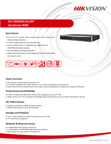 Hikvision DS-7604NXI-K1/4P Network Video Recorder Data Sheet | Manualzz