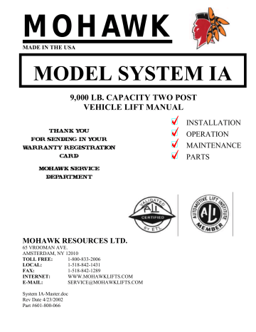 Mohawk Lifts System IA Product Manual | Manualzz