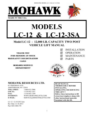 Mohawk Lifts LC-12 Product Manual | Manualzz