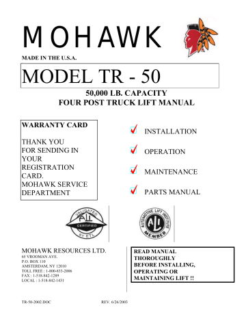 Mohawk Lifts TR-50 Product Manual | Manualzz