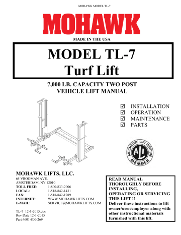 Mohawk Lifts TL-7 Turf Lift Product Manual | Manualzz