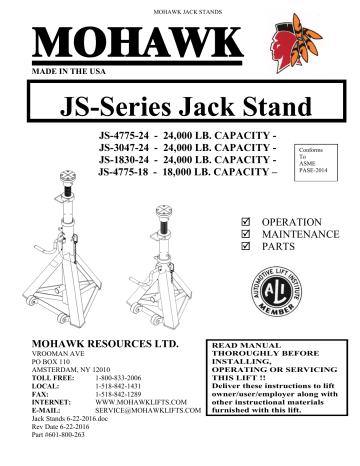 Mohawk Lifts Jack Stands Product Manual | Manualzz