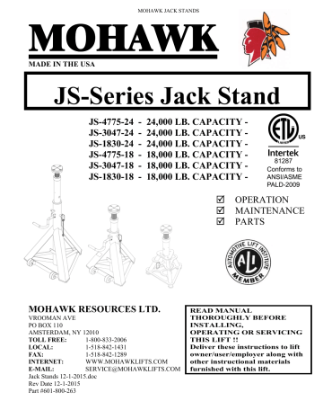 Mohawk Lifts Jack Stands Product Manual | Manualzz