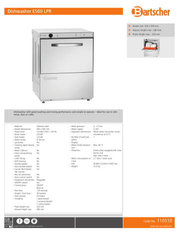 Bartscher 110510 Dishwasher E500 LPR Data sheet | Manualzz