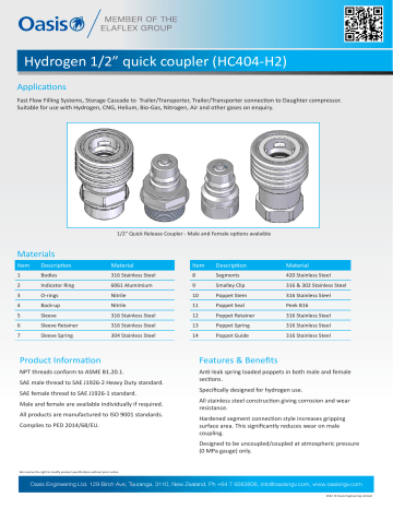Oasis 400 Series Hydrogen Quick Couplers Instruction Manual | Manualzz
