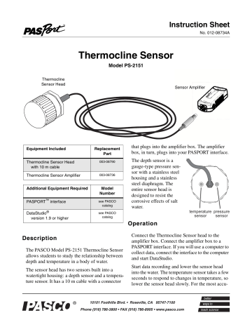 Pasco PS-2151 PASPORT Thermocline Sensor Instruction Sheet | Manualzz