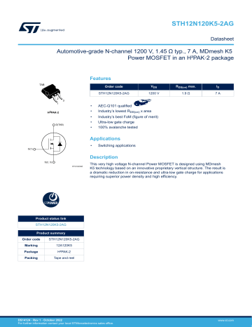 STMicroelectronics STH12N120K5-2AG Datasheet | Manualzz