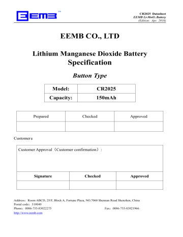 EEMB CR2025 Li-MnO2 Battery User Manual | Manualzz