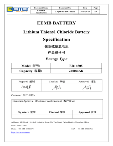 EEMB ER14505 Li-SOCI2 Battery User Manual | Manualzz