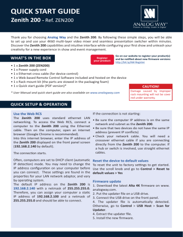 Analog Way Zenith 200 Quick Start Guide | Manualzz