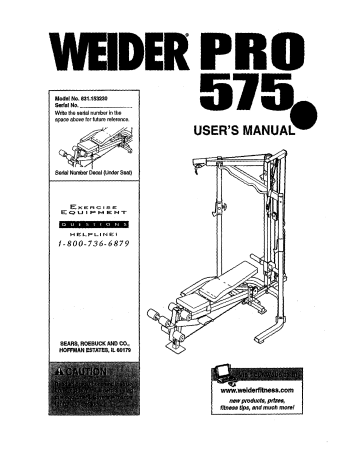 Weider 831153230 Pro 575 Weight System Owner's Manual | Manualzz
