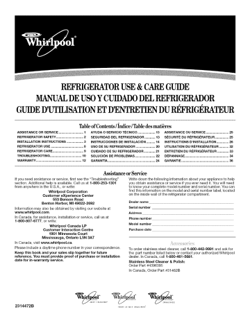 Whirlpool ER2MHKXPL06 Top-Mount Refrigerator Owner's Manual | Manualzz