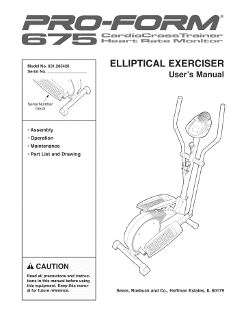 Proform 831285420 Elliptical Machine Owner's Manual | Manualzz