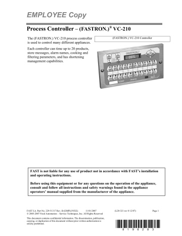 Frymaster FAST (FASTRON) VC-210 Controller Employee Copy Operating ...