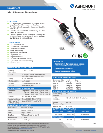 Ashcroft KM15 OEM Pressure Transducer Datasheet | Manualzz