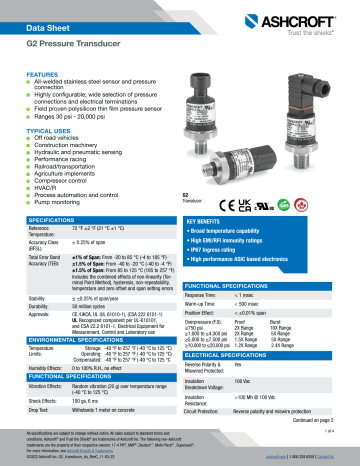Ashcroft G2 Pressure Transducer Datasheet | Manualzz