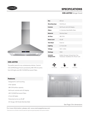 Cosmo COS-63175S Wall Mount Range Hood Specifications | Manualzz
