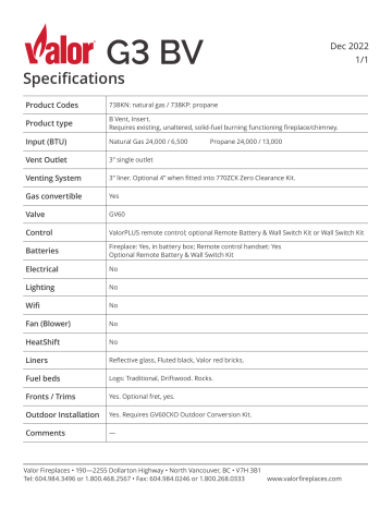 Valor 738/739 Specifications | Manualzz