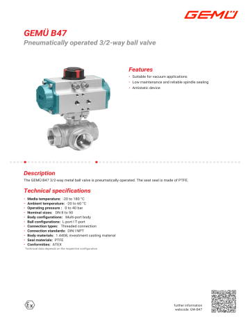 Gemu B47 Pneumatically operated 3/2-way ball valve Datasheet | Manualzz