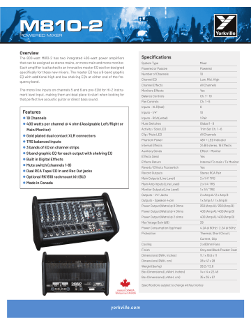 Yorkville M810-2 2x 400w, 10 inputs Mixer/Amp Spec Sheet | Manualzz