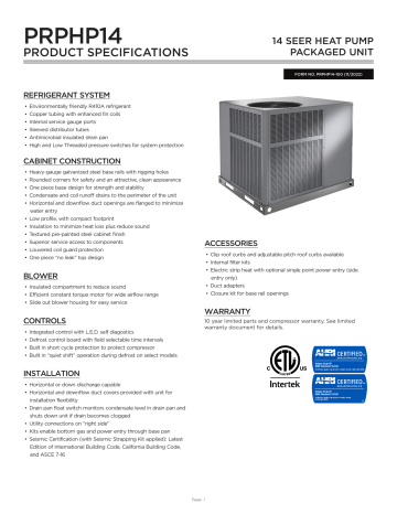 Ducane PRHP14 Packaged Unit Specification | Manualzz